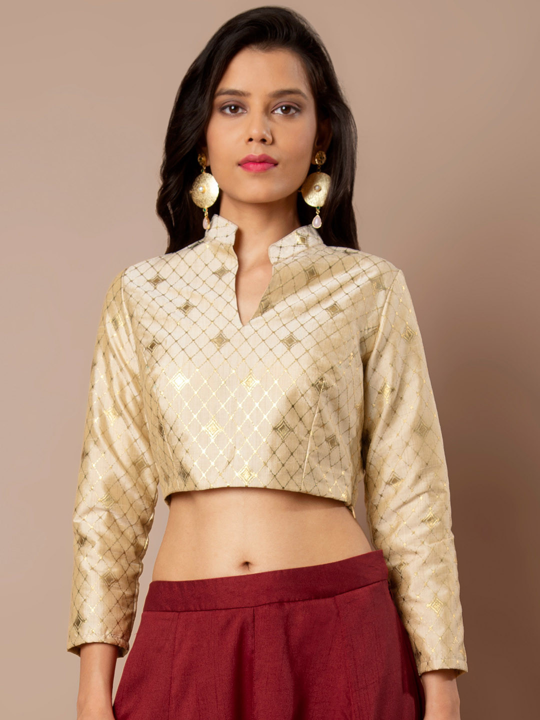 Buy INDYA Women Cream Coloured Checked Fitted Crop Top - Tops for Women ...