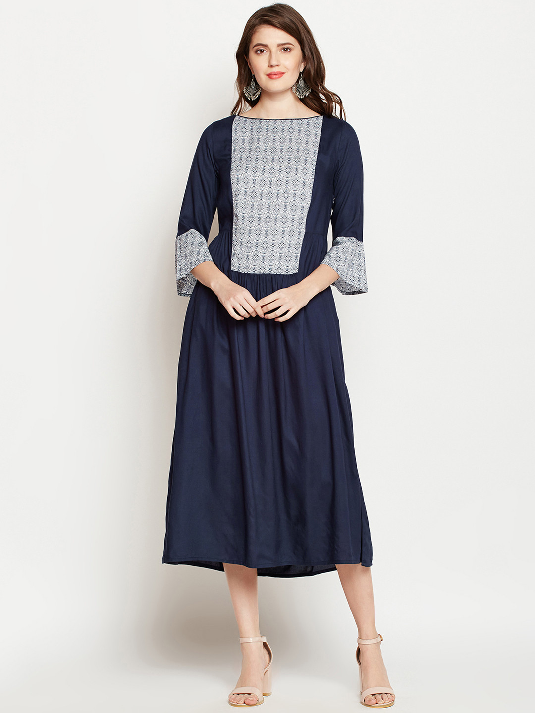 Buy RARE ROOTS Women Navy Blue Printed Fit And Flare Dress - Ethnic ...