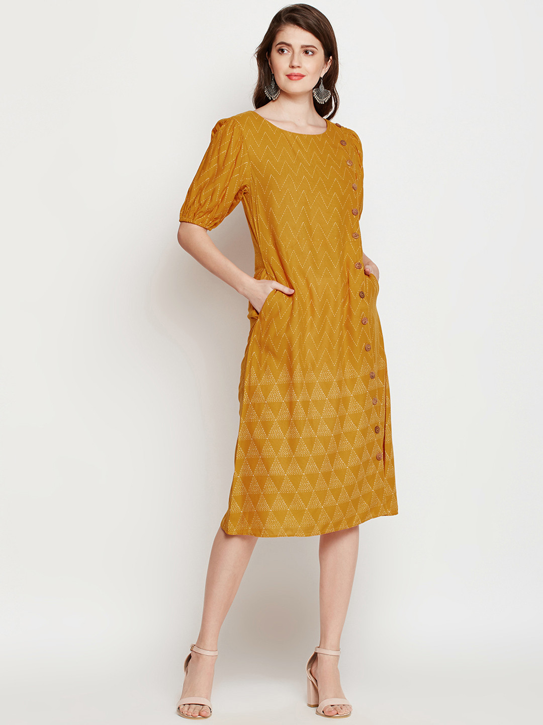 Buy RARE ROOTS Women Mustard Printed A Line Dress - Dresses for Women ...