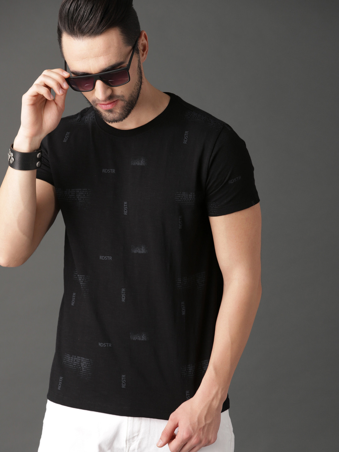 Buy Roadster Men Black Allover Printed Round Neck Pure Cotton T Shirt - Tshirts for Men 7814167 ...