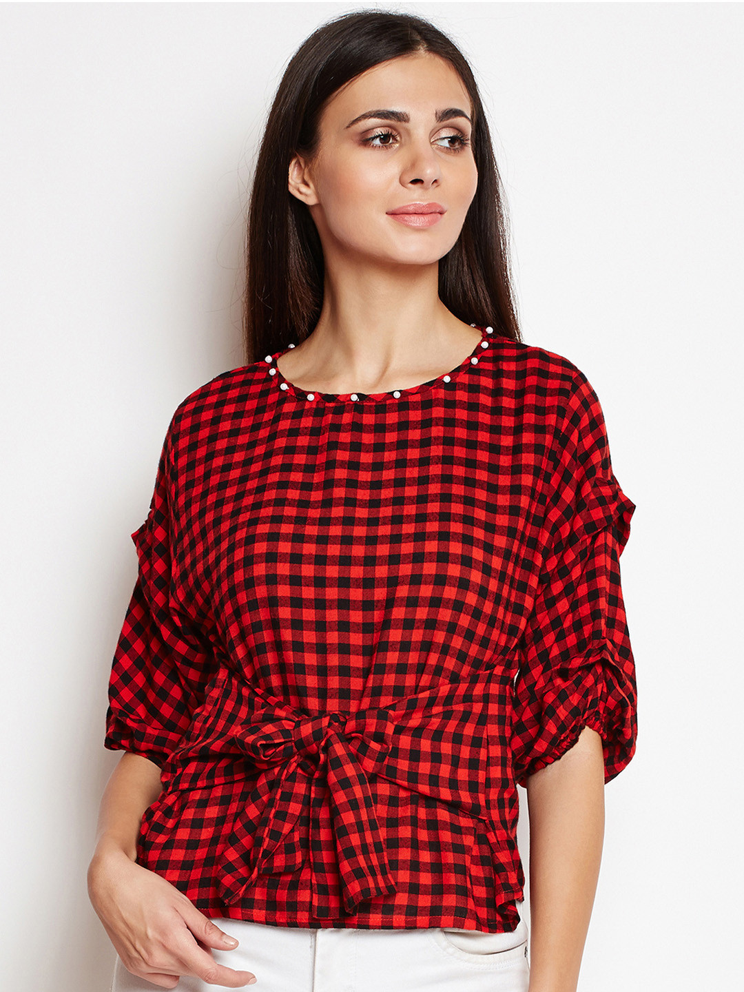 Buy Oxolloxo Red & Black Checked Tie Up Top - Tops for Women 7829467 ...