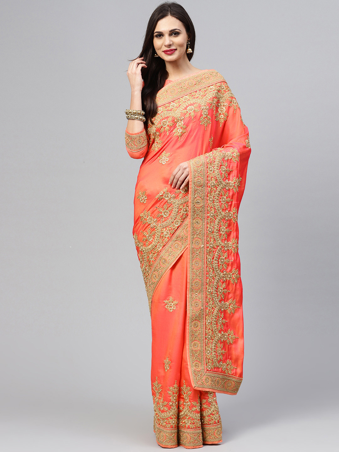 Buy Saree Mall Coral Orange & Golden Embroidered Saree - Sarees for ...
