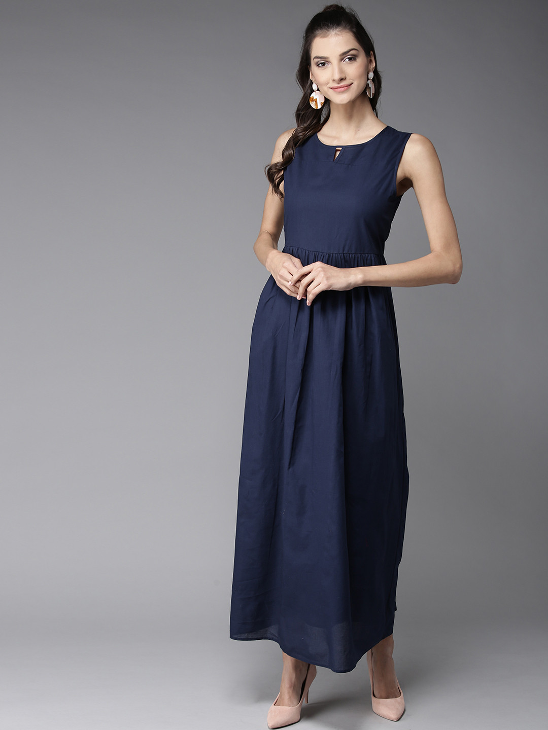 Buy HERE&NOW Women Navy Blue Solid Maxi Dress - Dresses for Women ...