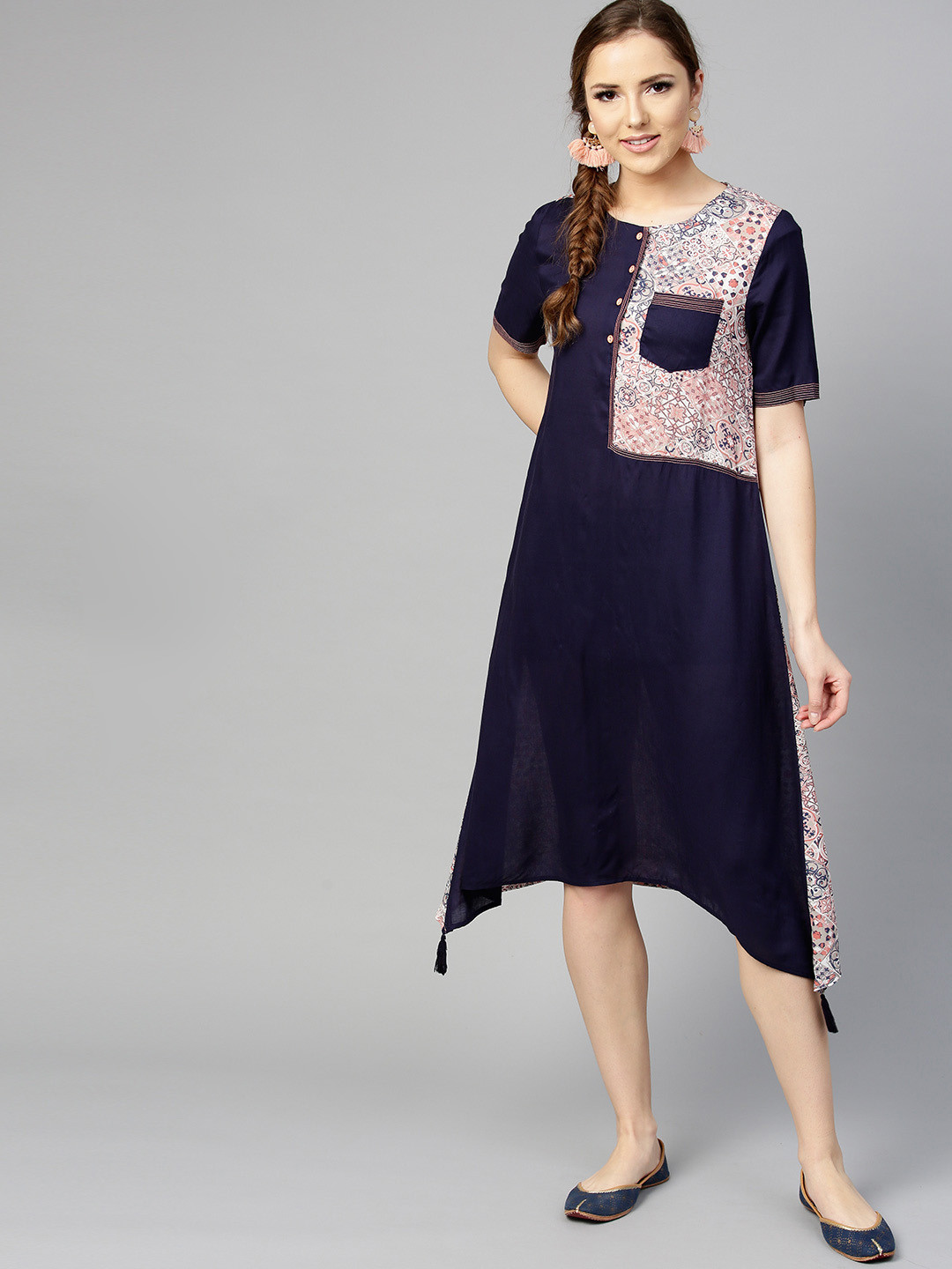 Buy RARE ROOTS Women Navy Blue & Peach Coloured Printed A Line Dress ...