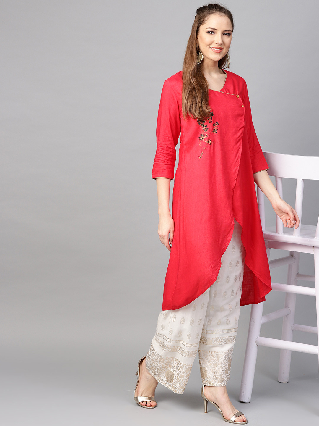 Buy RARE ROOTS Women Red Solid A Line Kurta With Printed Detail ...
