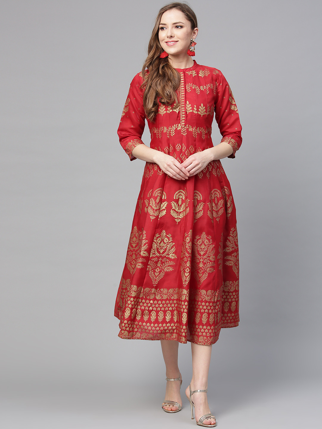 Buy Juniper Women Red & Golden Printed A Line Dress - Ethnic Dresses ...