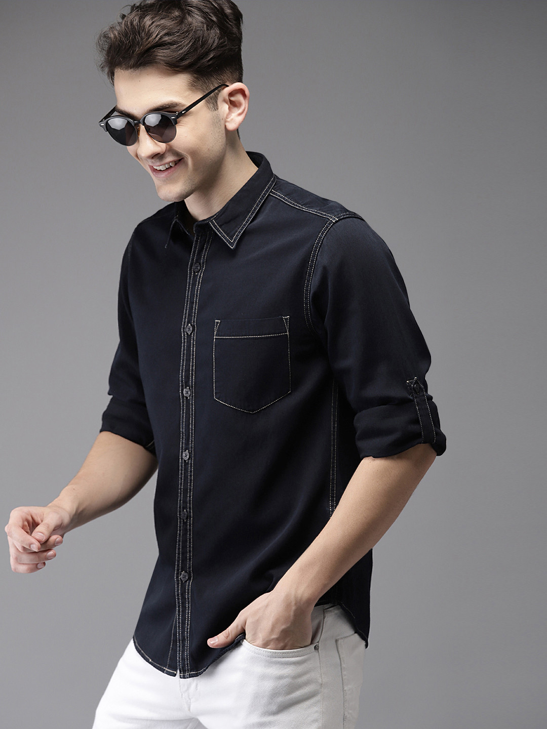 Buy HERE&NOW Men Navy Blue Regular Fit Solid Denim Casual Shirt ...