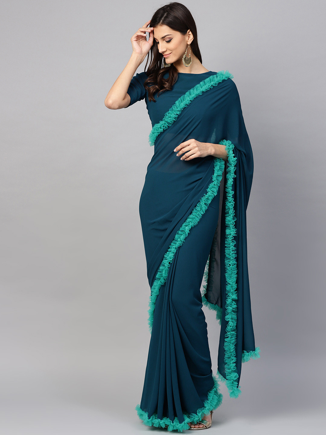 Buy Inddus Teal Green Solid Saree - Sarees for Women 8007417 | Myntra