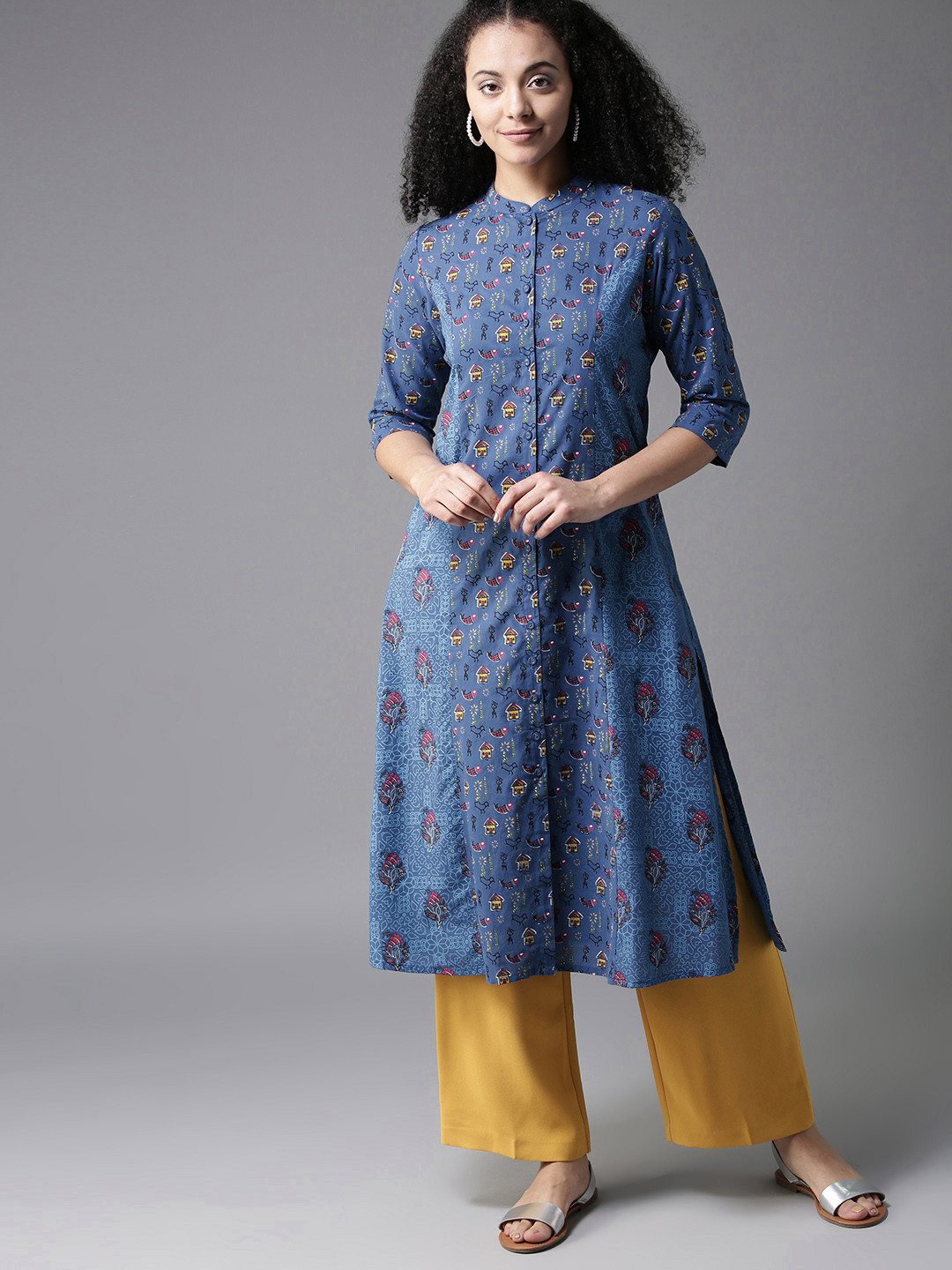 Buy HERE&NOW Women Navy Blue Printed A Line Kurta - Kurtas for Women ...