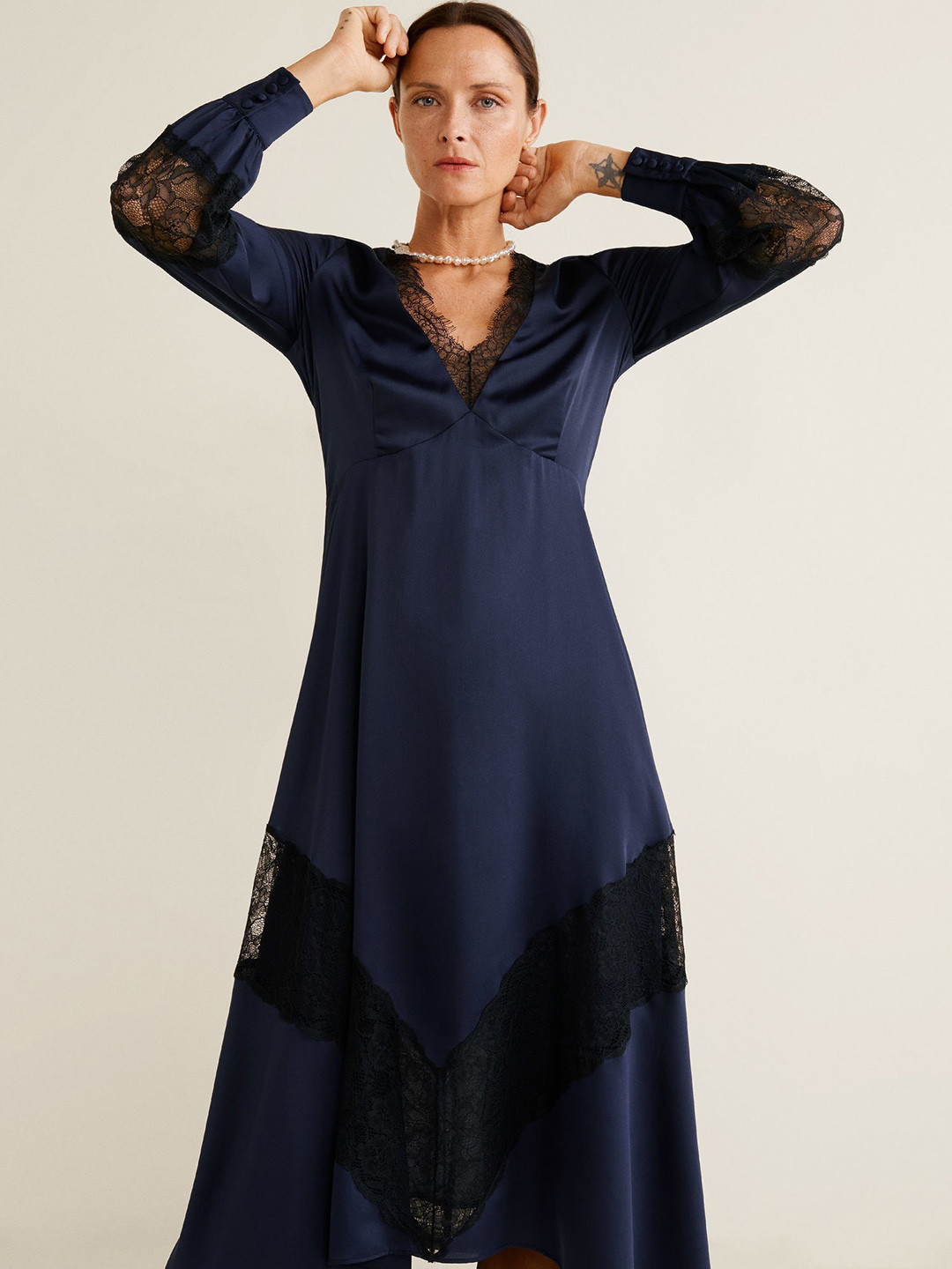 Buy MANGO Women Navy Blue Solid Lace Inserts Maxi Dress - Dresses for ...