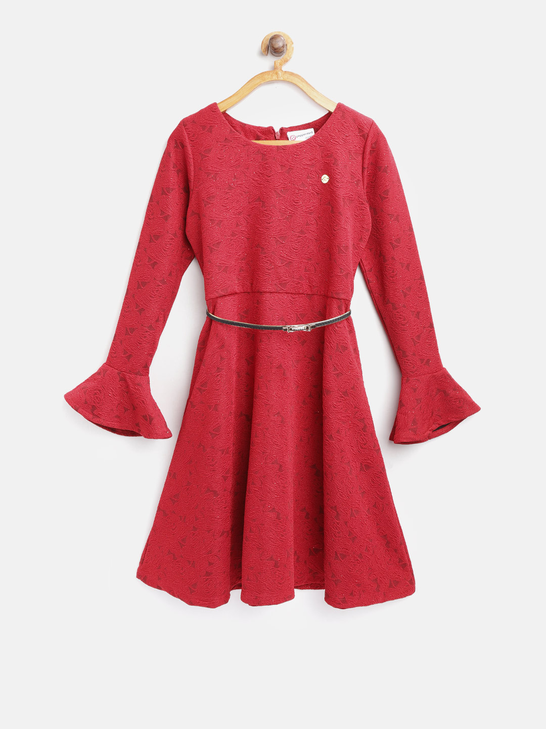 Buy Peppermint Girls Red Self Design Fit & Flare Dress - Dresses for ...