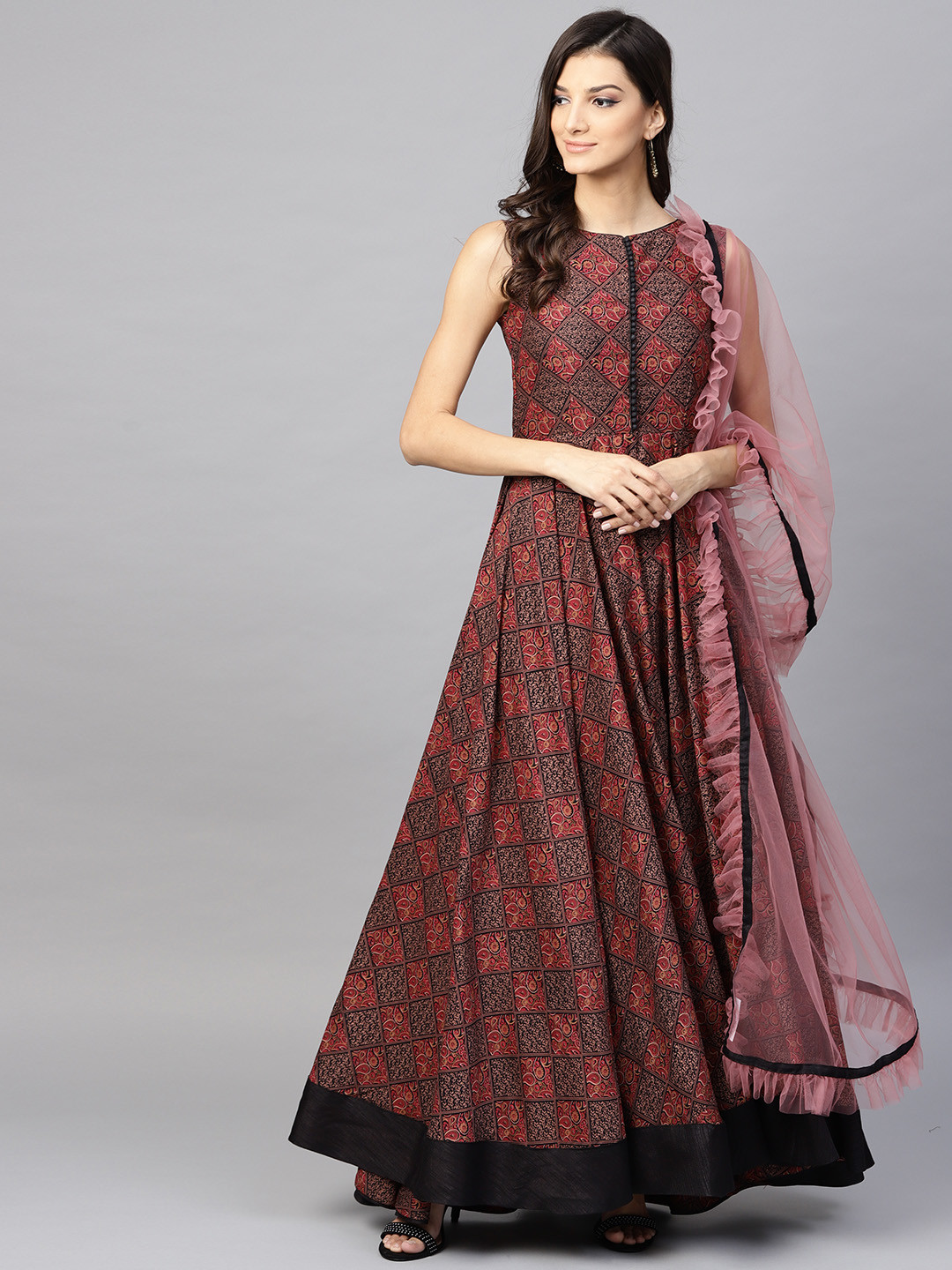 Buy Inddus Women Brown & Red Printed Anarkali Kurta With Dupatta ...