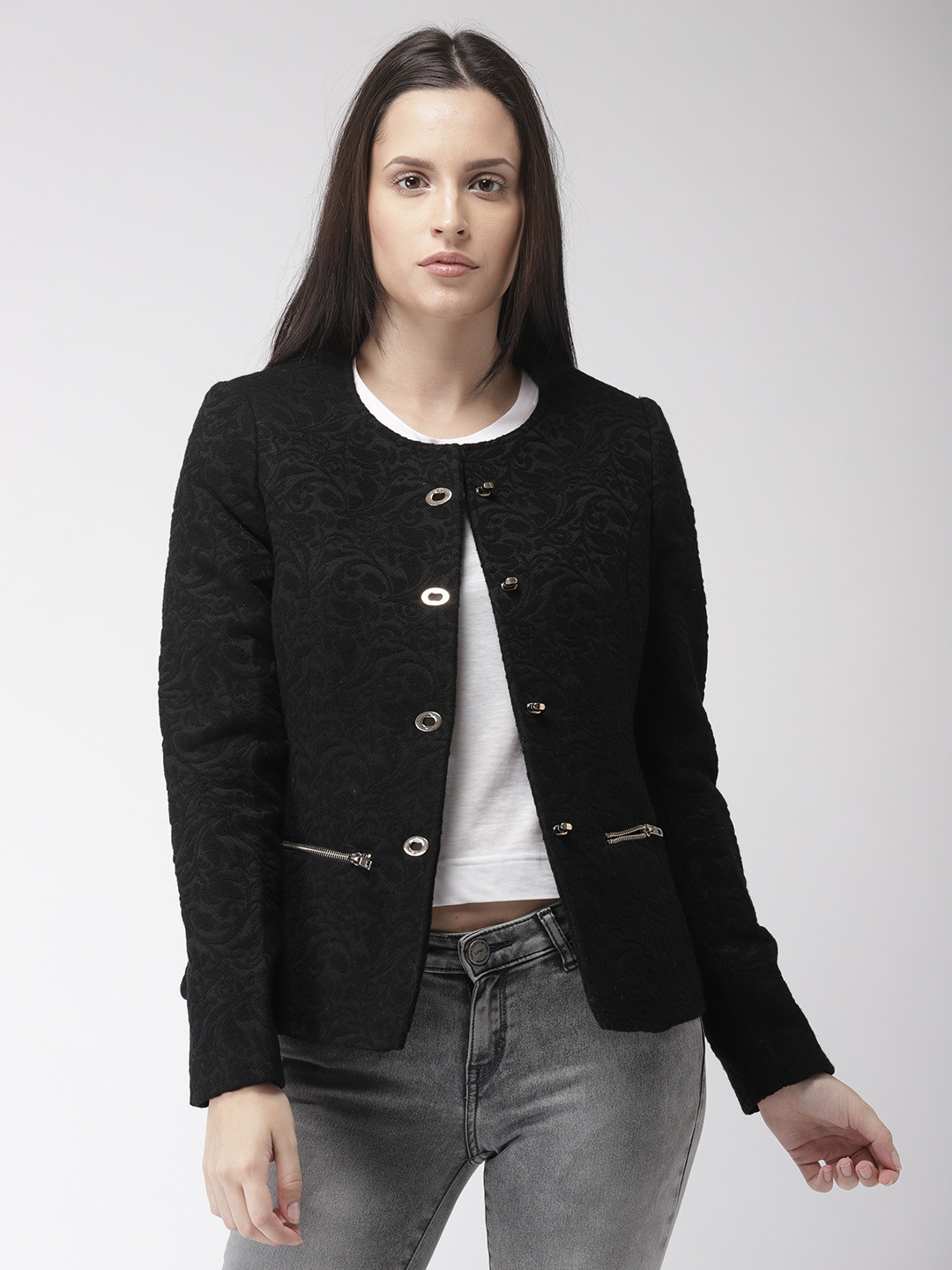 Buy Madame Women Black Self Design Short Overcoat - Coats for Women ...