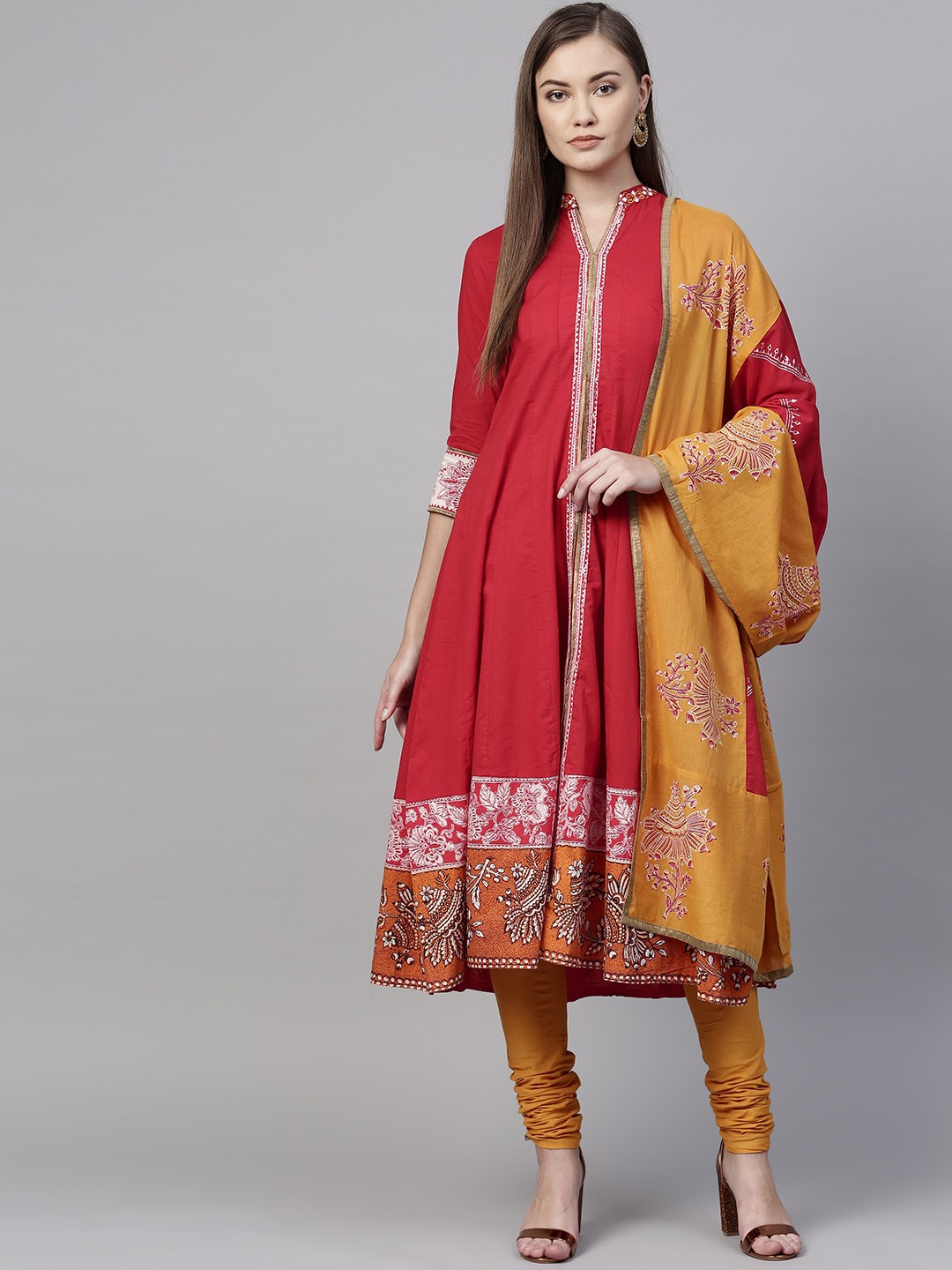 Buy Rain And Rainbow Women Red And Mustard Yellow Solid Kurta With Churidar