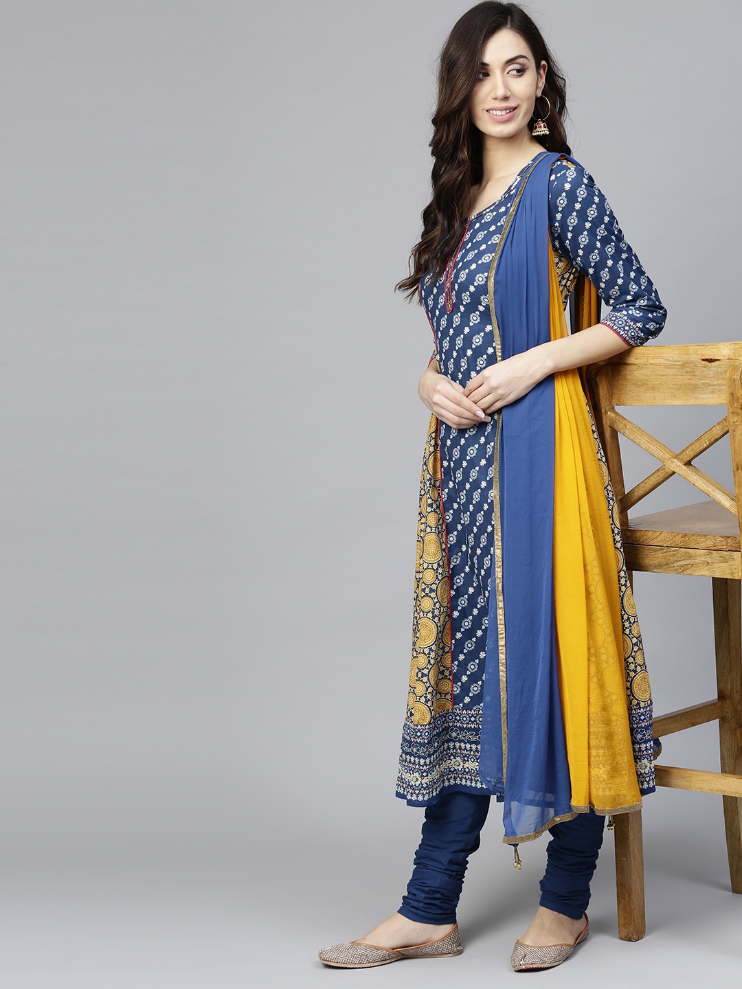 Buy Rain And Rainbow Women Teal Blue And Mustard Yellow Printed Kurta With
