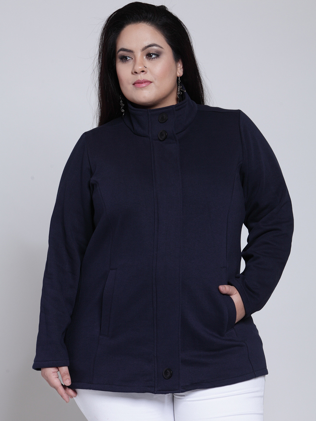Buy PlusS Women Navy Blue Solid Open Front Jacket - Jackets for Women ...