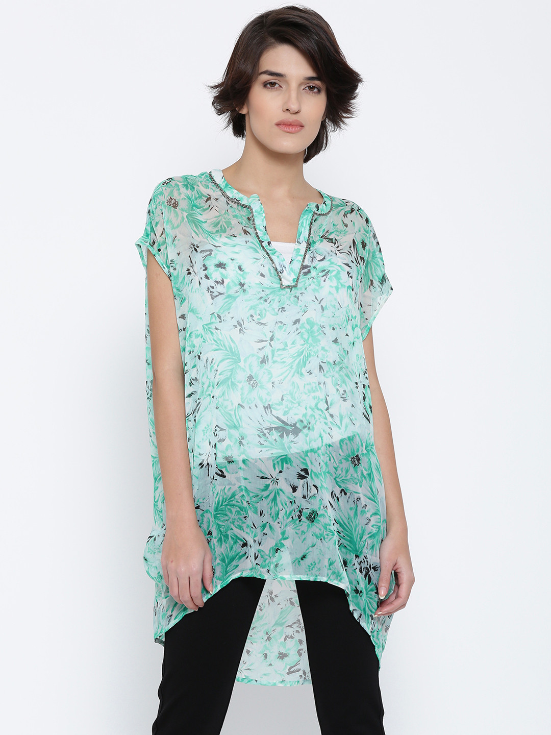 Buy Vero Moda Green & Off White Printed Oversized Tunic - Tunics for ...