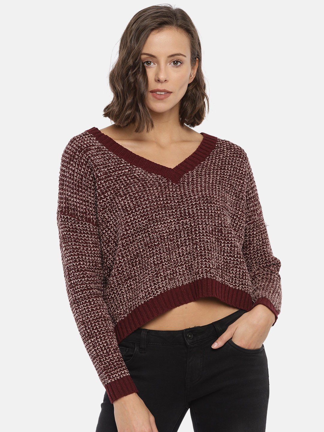 Buy FOREVER 21 Women Burgundy Solid Pullover Sweater - Sweaters for ...
