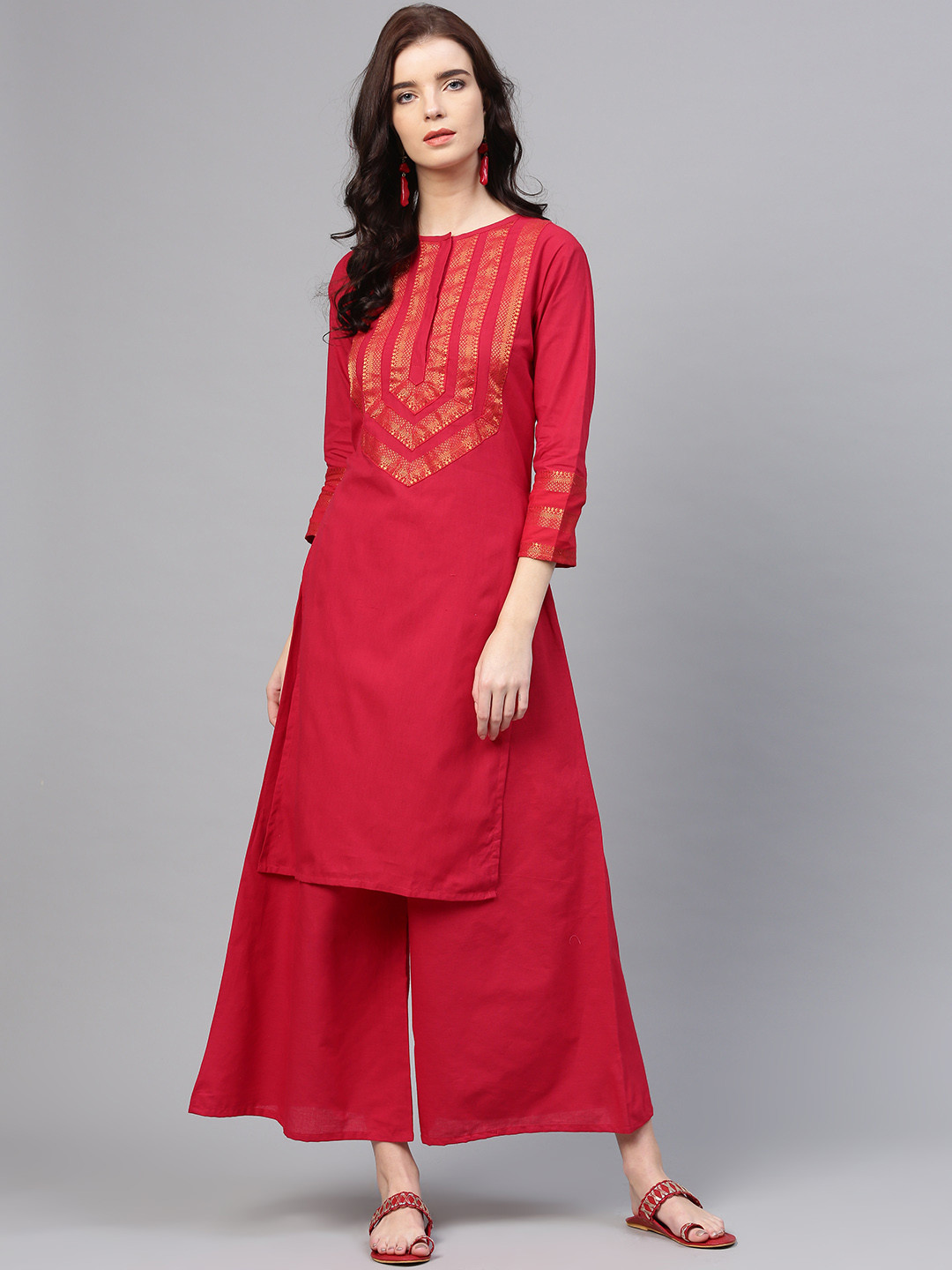 Buy Bhama Couture Women Red & Golden Yoke Design Kurta With Palazzos ...