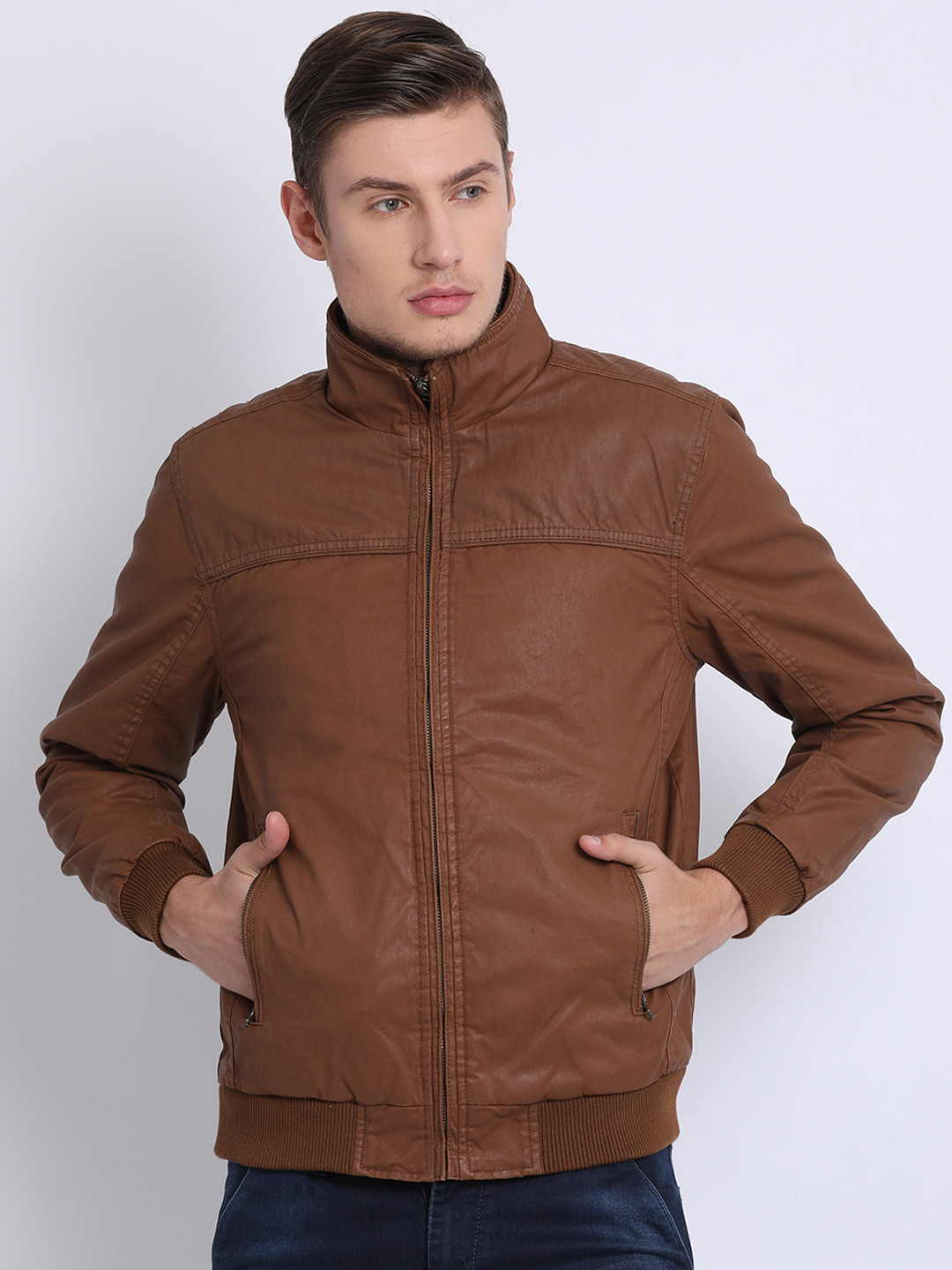 Buy T Base Men Tan Solid Windcheater Leather Jacket - Jackets for Men ...