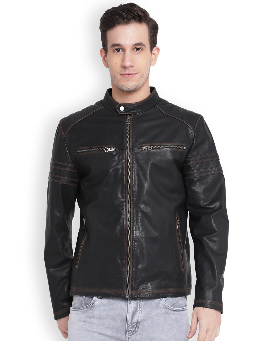 Buy Justanned Men Black Solid Leather Jacket - Jackets for Men 8136583 ...