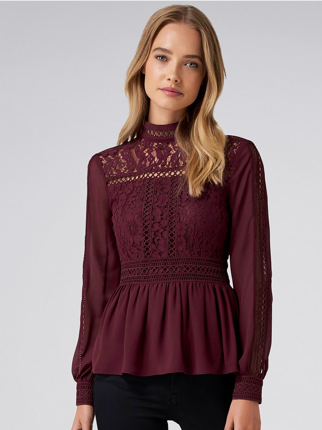 Buy Forever New Women Maroon Self Design Peplum Top - Tops for Women ...