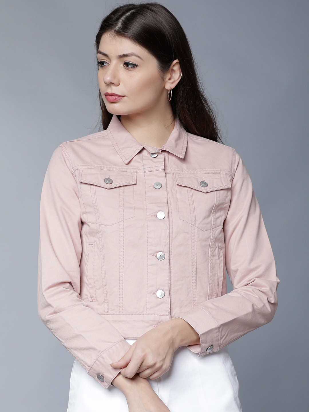 Buy Tokyo Talkies Women Pink Solid Denim Jacket - Jackets for Women ...