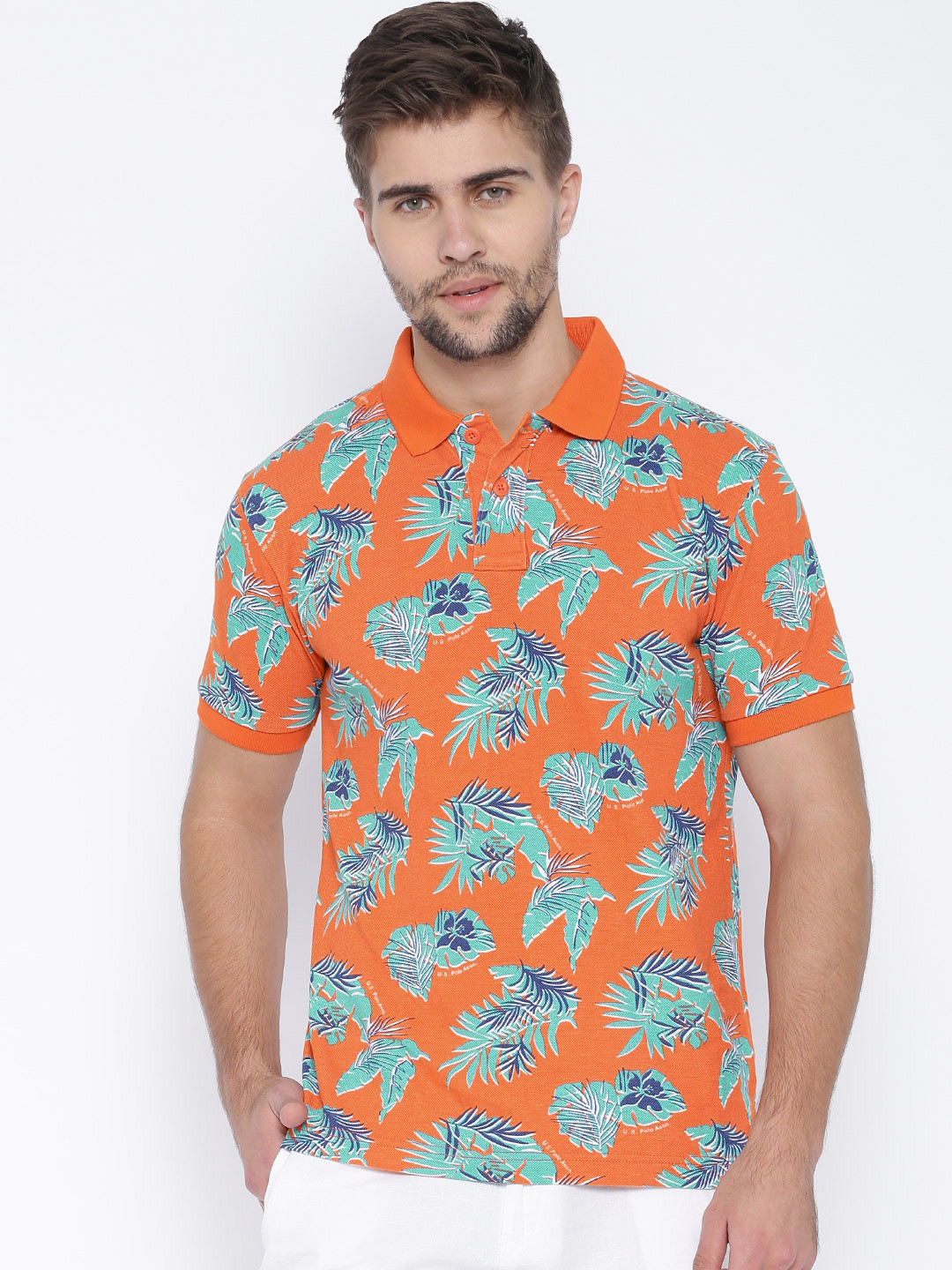 Buy U.S. Polo Assn. Orange Blue Printed Polo Pure Cotton T Shirt ...
