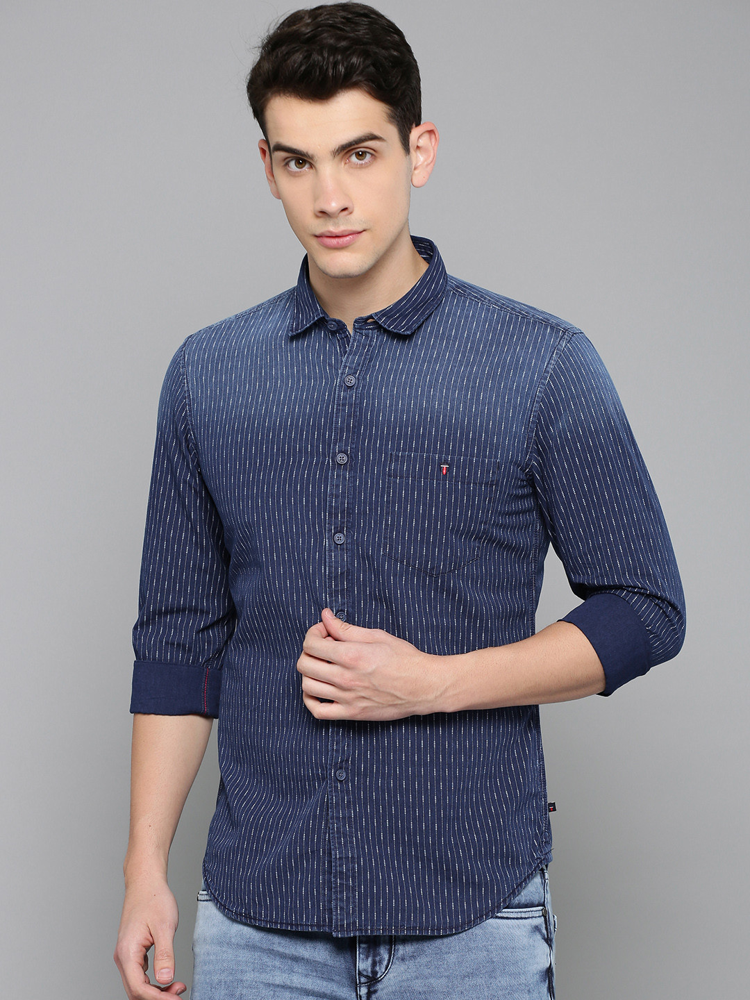 Buy Louis Philippe Jeans Men Blue & White Super Slim Fit Striped Casual ...