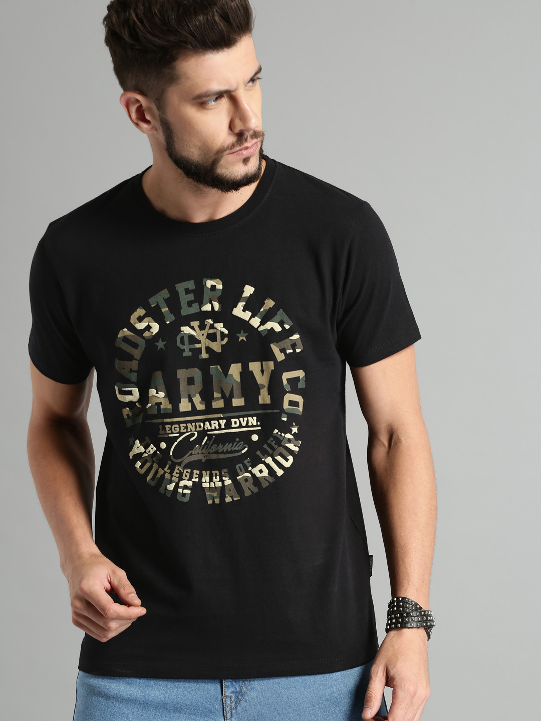 Buy Roadster Men Black Camo Print Round Neck Pure Cotton T Shirt - Tshirts for Men 8240585 | Myntra