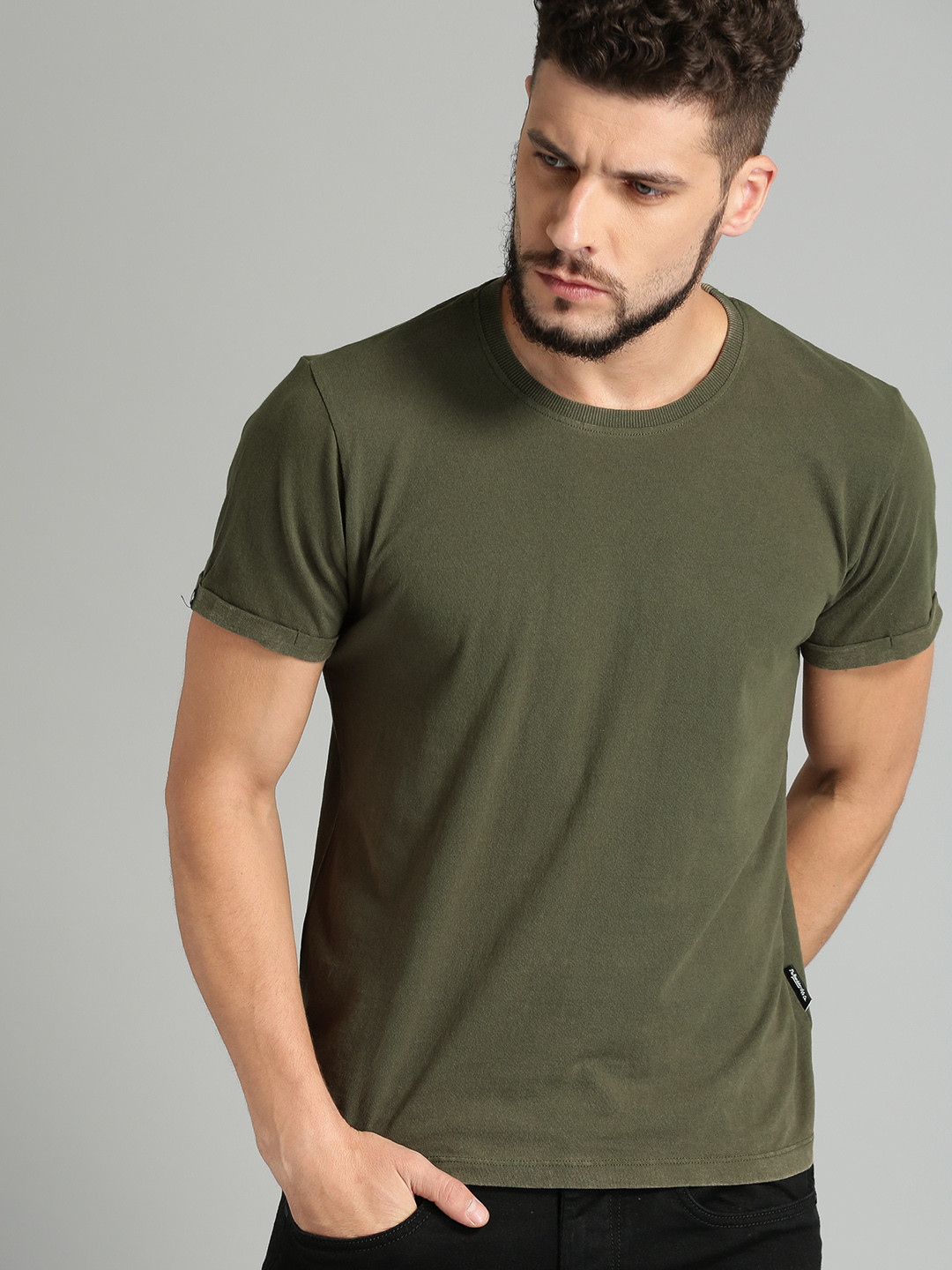 Buy Roadster Men Olive Green Washed Solid Round Neck Pure Cotton T ...