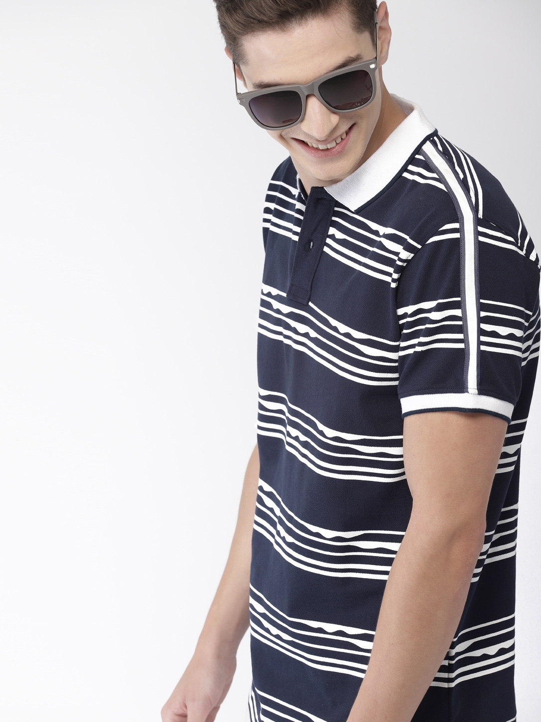 Buy Mast Harbour Men Navy White Striped Polo Collar Pure Cotton T Shirt