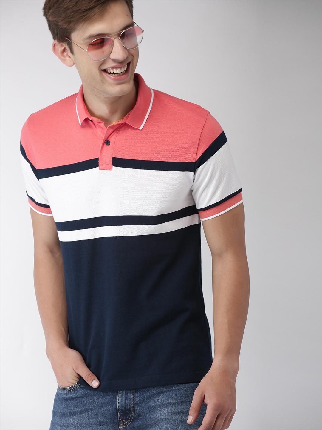 Buy Mast And Harbour Men Navy Blue Colourblocked Polo Collar T Shirt