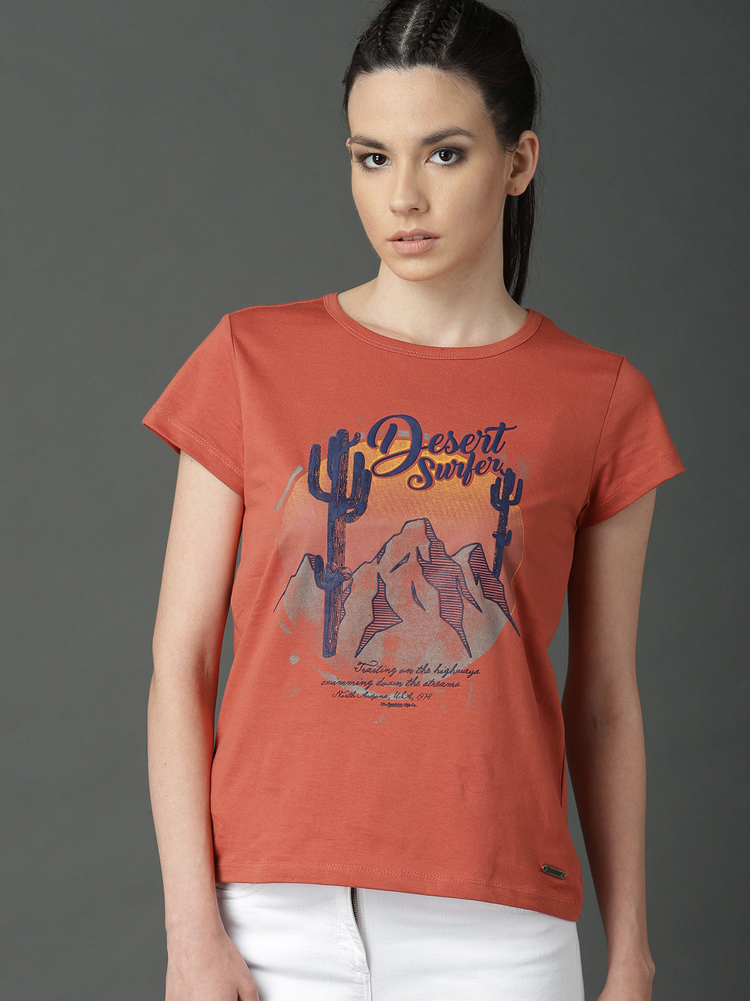 Buy Roadster Women Rust Coloured Printed Round Neck Pure Cotton T Shirt ...