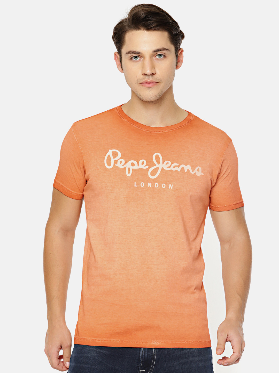 Buy Pepe Jeans Men Rust Coloured Printed Round Neck Pure Cotton T Shirt ...