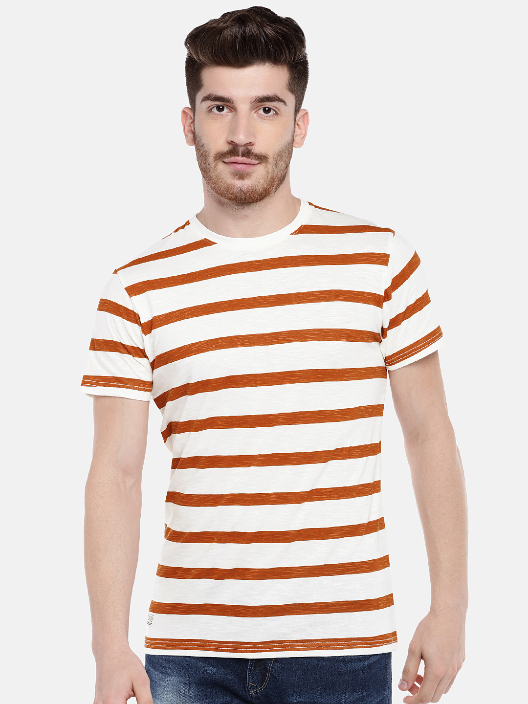 Buy Pepe Jeans Men Rust Red Off White Slim Fit Striped Round Neck Pure ...