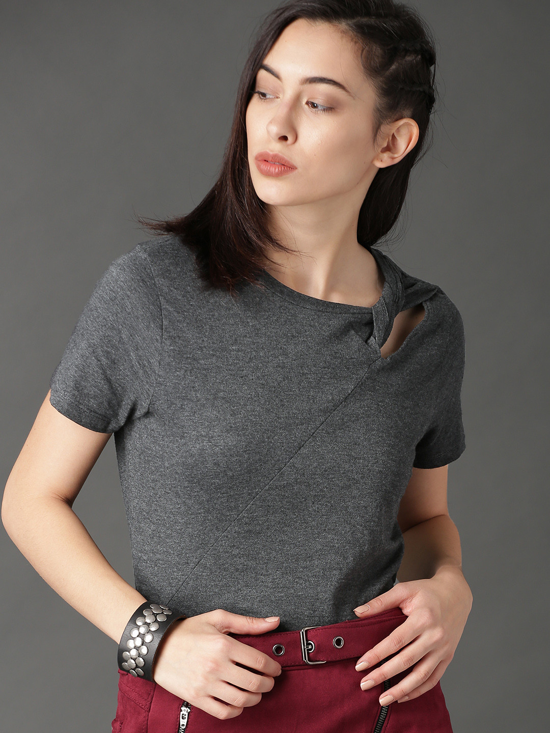 Buy Roadster Women Charcoal Grey Solid Top With Neck Twist - Tops for ...