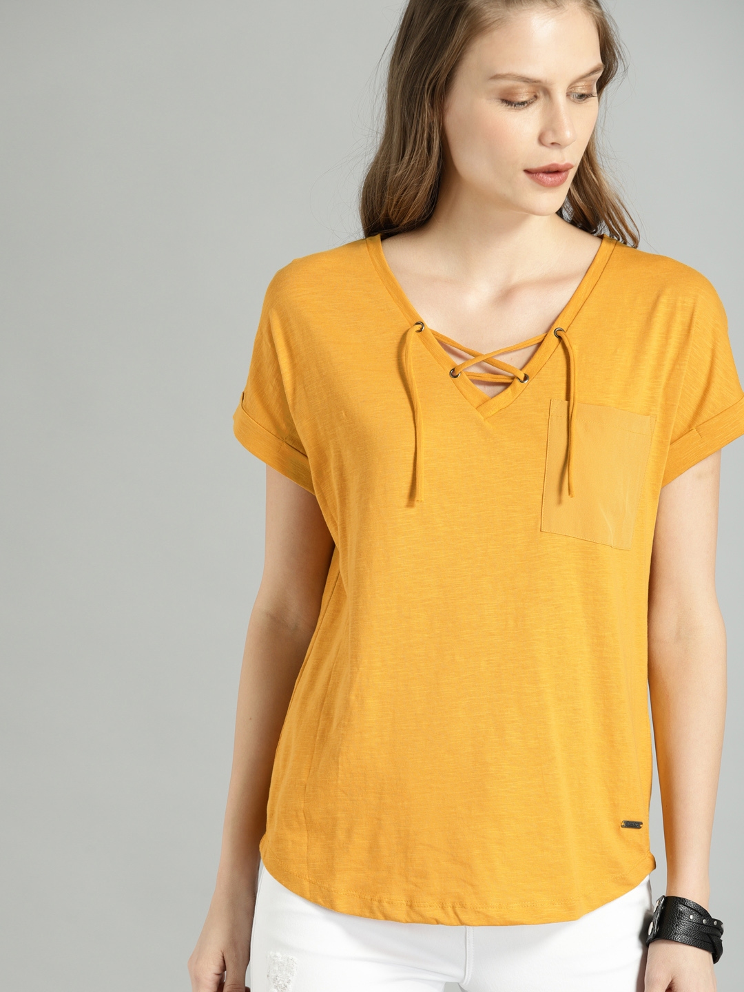 Buy Roadster Women Mustard Yellow Solid Pure Cotton Top Tops For