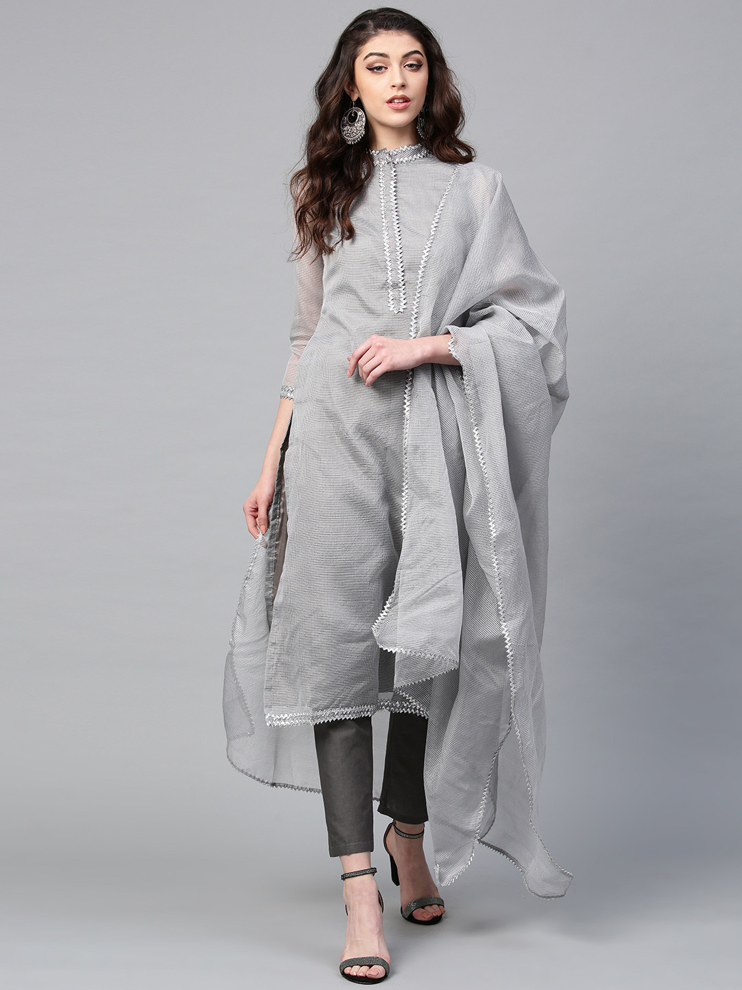 Buy Inddus Women Grey Self Checked Kurta With Trousers & Dupatta ...