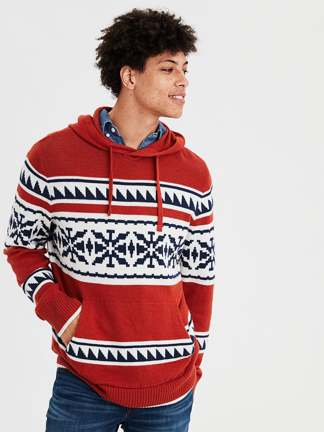 Buy American Eagle Outfitters Men Rust Red Self Design Hooded Pullover
