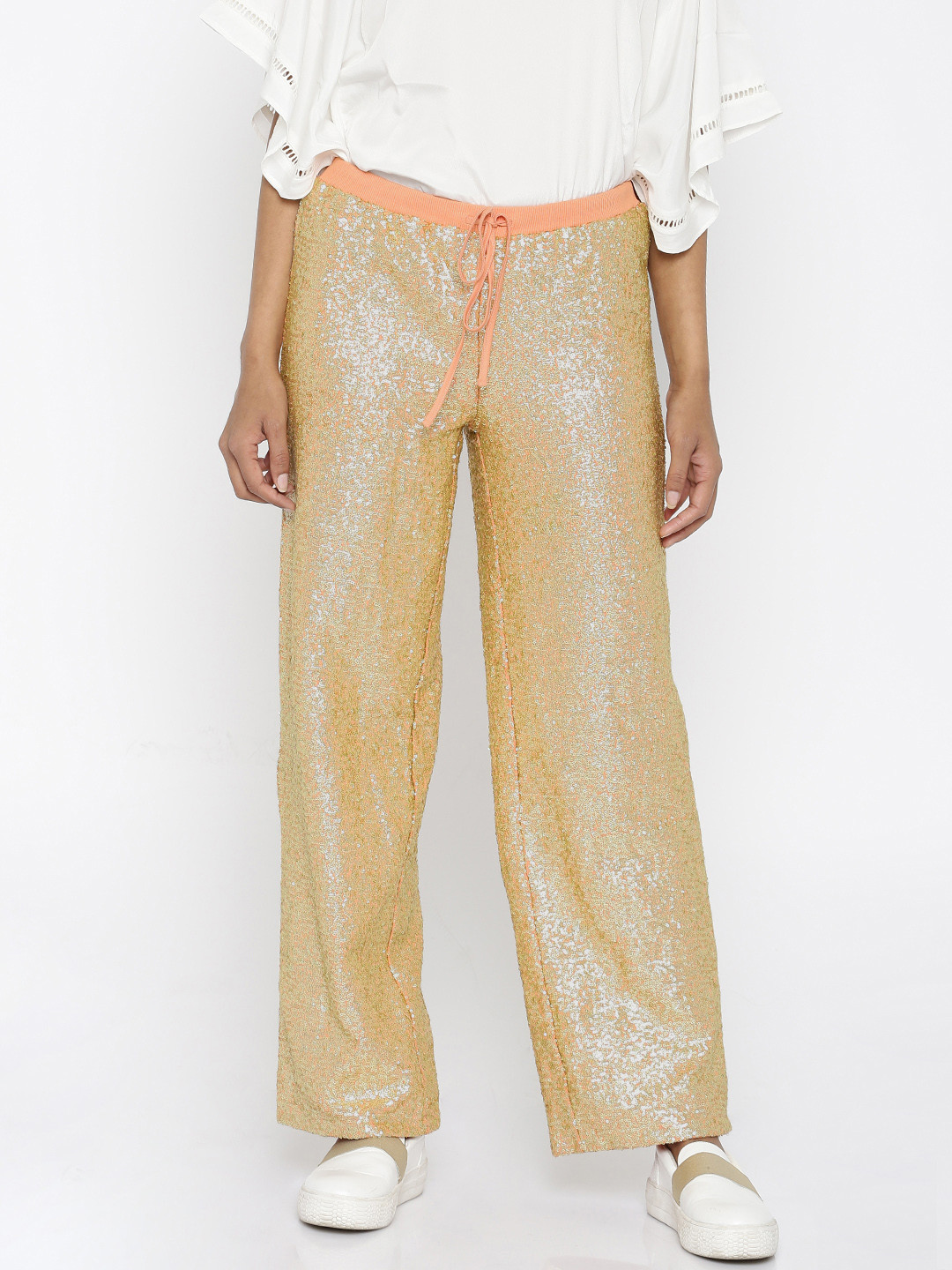 Buy Vero Moda By Karan Johar Golden Sequinned Palazzo Trousers ...