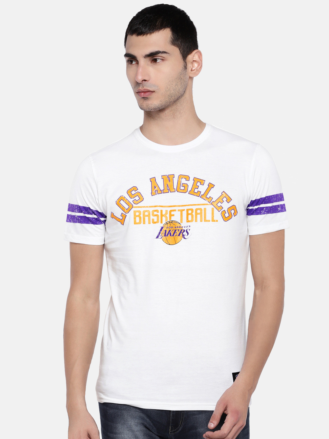 Buy NBA Men White Los Angeles Lakers Printed Round Neck Pure Cotton T ...