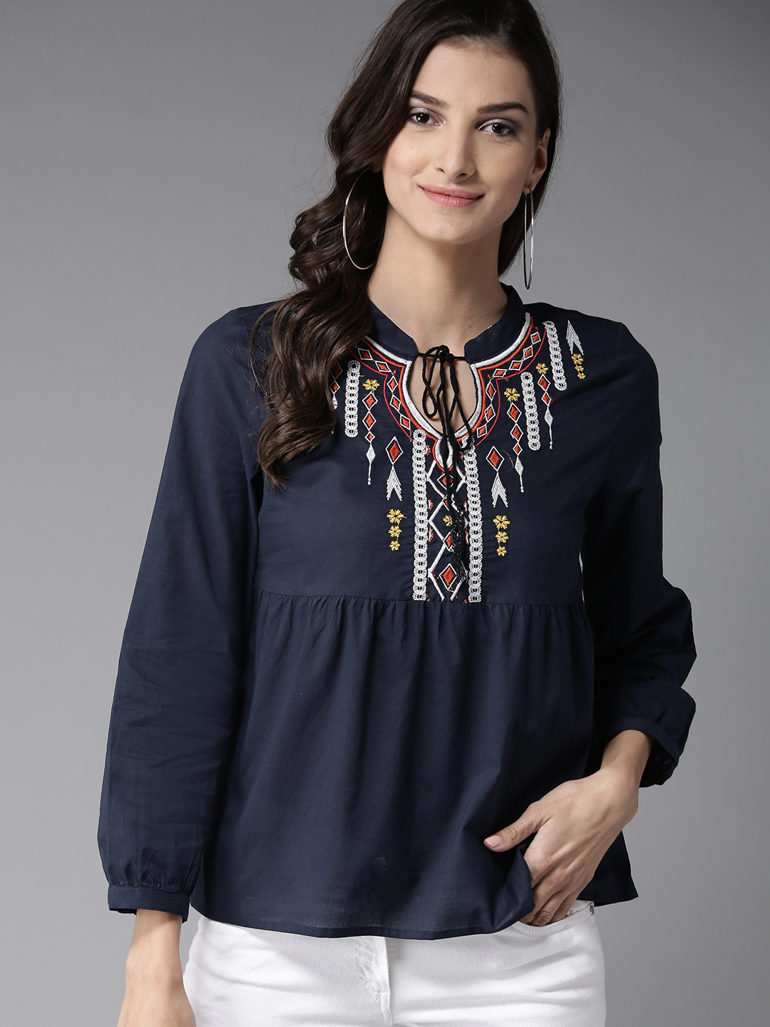 Buy HERE&NOW Women Navy Blue Solid A Line Pure Cotton Top - Tops for ...