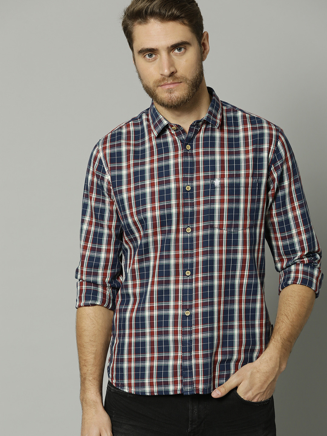 Buy French Connection Men Blue & Red Slim Fit Checked Casual Shirt ...
