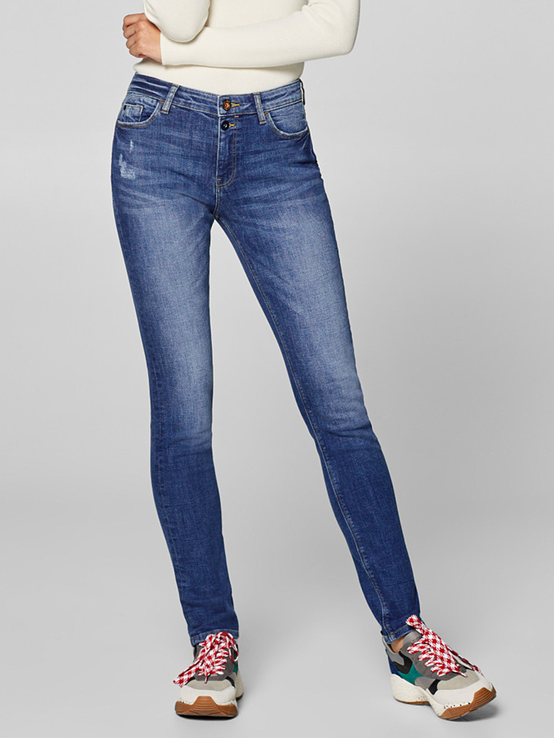 Buy ESPRIT Women Blue Slim Fit Mid Rise Low Distress Stretchable Jeans ...