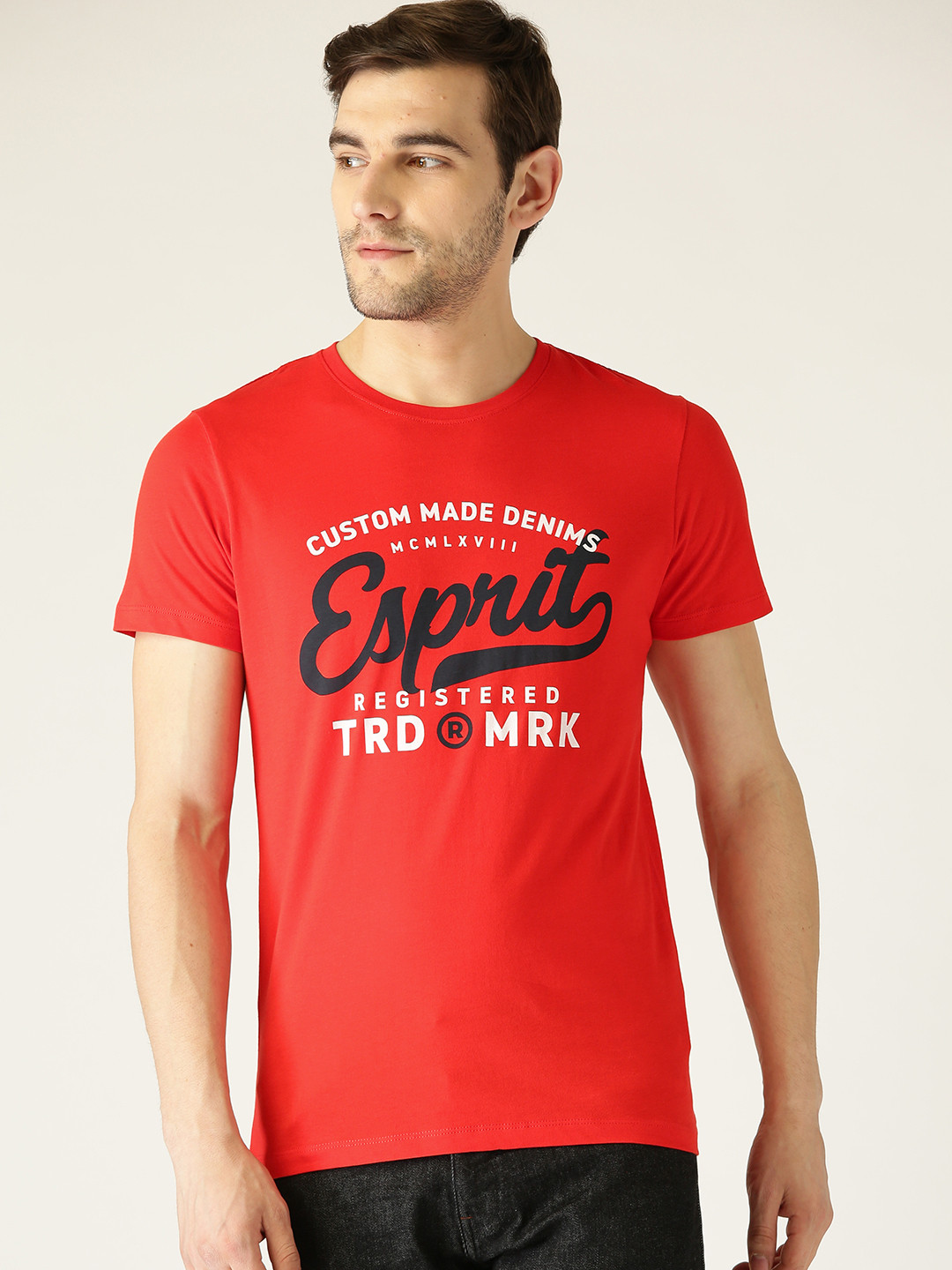 Buy ESPRIT Men Red Printed Round Neck Pure Cotton T Shirt - Tshirts for ...