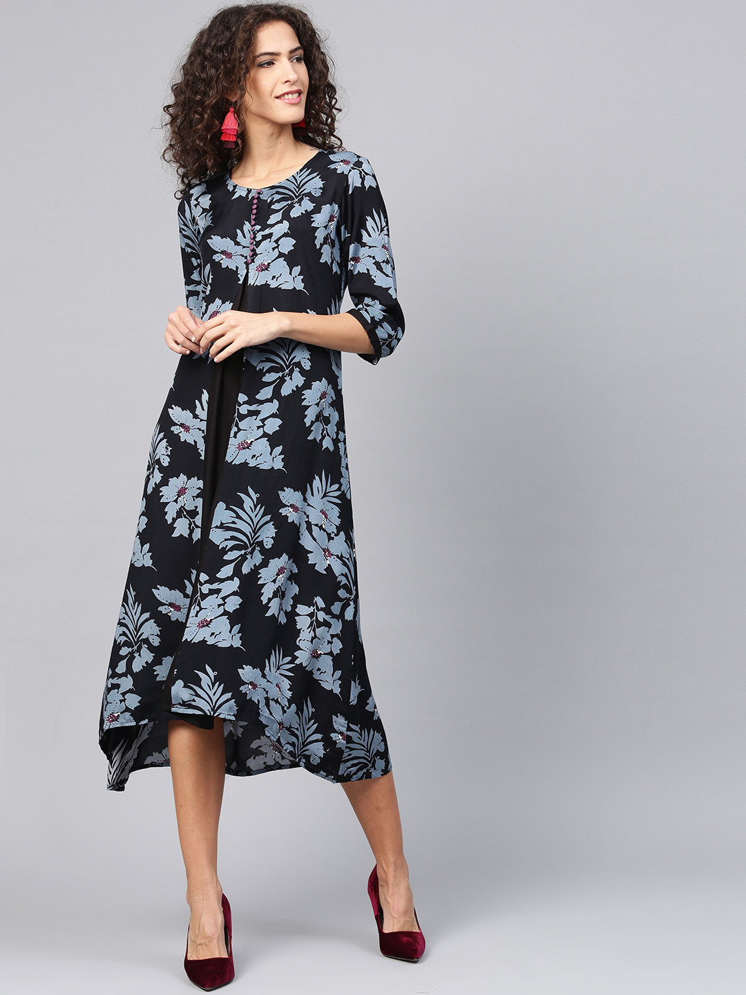 Buy Shree Women Black & Blue Floral Print A Line Dress - Dresses for ...