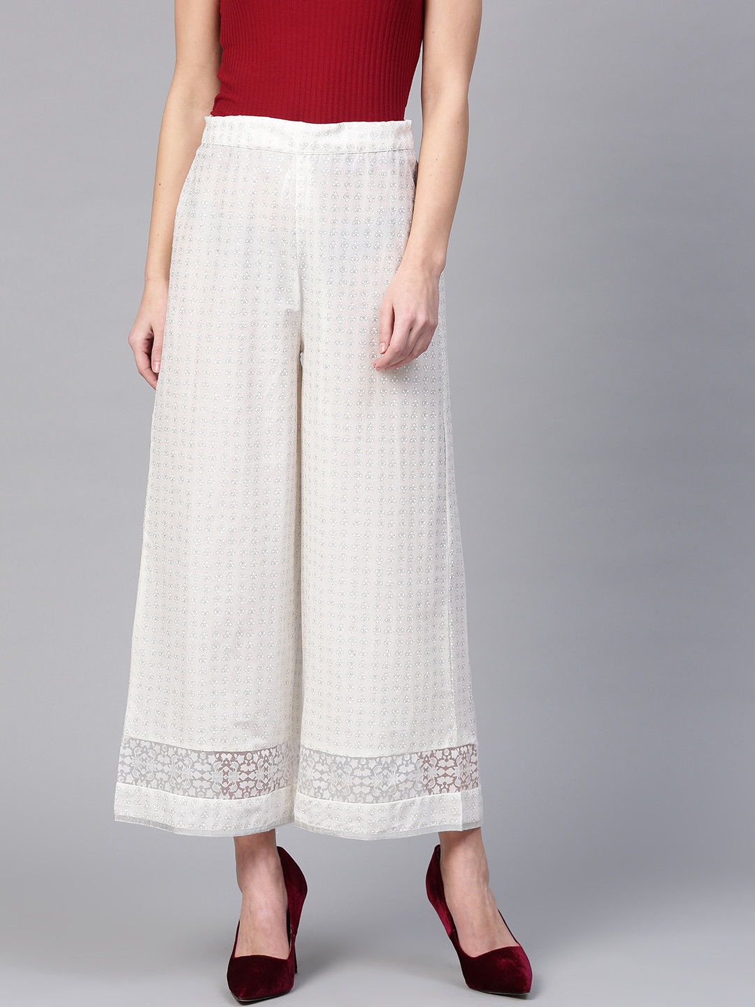 Buy W Women Off White Printed Shimmery Wide Leg Palazzos - Palazzos for ...