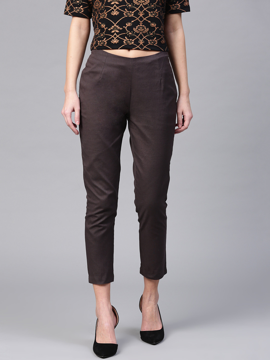 Buy W Women Charcoal Grey Slim Fit Solid Cropped Cigarette Trousers ...