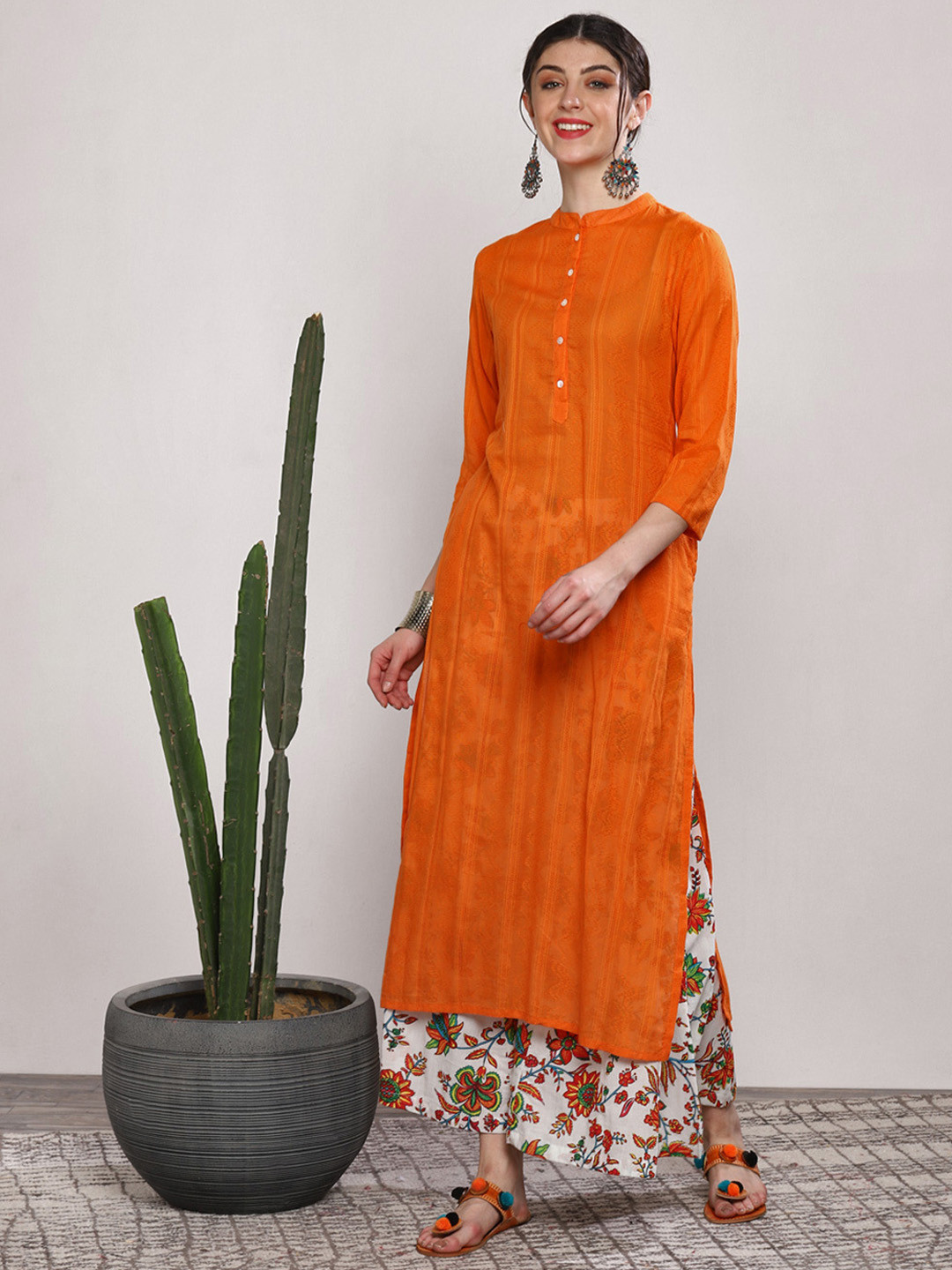 Buy Sangria Women Orange & White Solid Kurta Set - Kurta Sets for Women ...